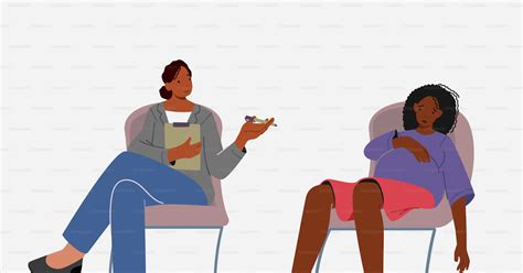 코치와 슬프거나 피곤한 임산부 캐릭터가 앉아서 출산 문제에 대해 논의하고 있다 주산기 수업에서 임산부를 위한 심리적 지원 만화 사람들 벡터 일러스트레이션 사진