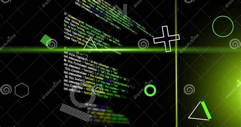 Image Of Rotating Shapes And Green Scanner Beams Over Data Processing