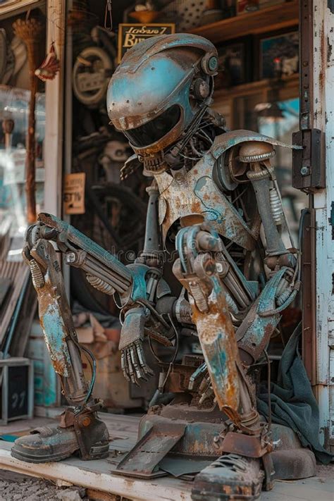 Robot Sitting On A Platform Beside A Building Ai Generated Stock Illustration Illustration