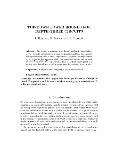 Pdf Top Down Lower Bounds For Depth Three Circuits