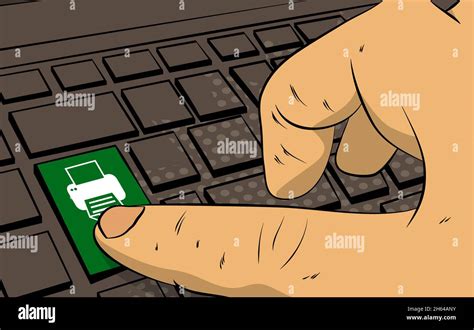 Printer Icon On Computer Keyboard Man Push Keypad On Laptop Comic