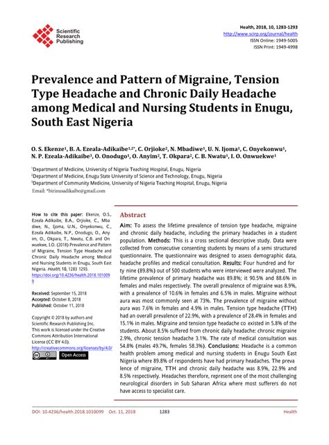 Pdf Prevalence And Pattern Of Migraine Tension Type Headache And