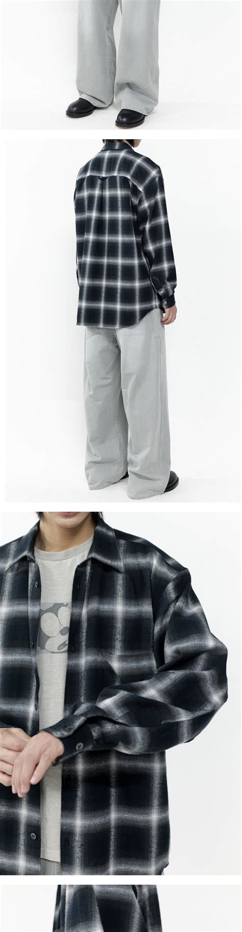 폴리테루 루즈드 체크 셔츠 플란넬 다크 네이비 옴브레 Polyteru Kream