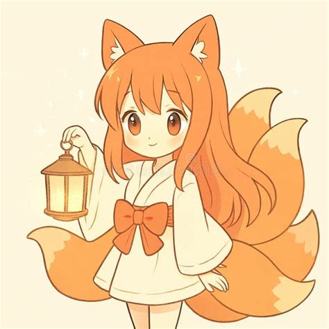 Chibi Kitsune In Kimono With Glowing Lamp Stock Illustration