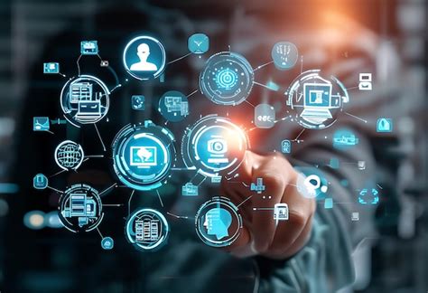hand on futuristic interface displaying icons of tech connectivity data