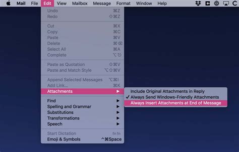 how to always insert attachments at the end in macos mail