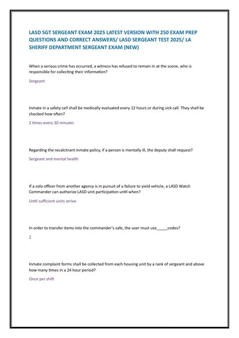 Lasd Sgt Sergeant Exam 2025 Latest Version With 250 Exam Prep Questions