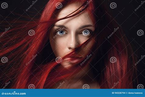 Beautiful Redhead Girl With Long Hair Perfect Woman Portrait On Black
