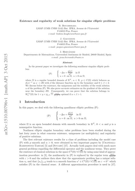 Pdf Existence And Regularity Of Weak Solutions For Singular Elliptic