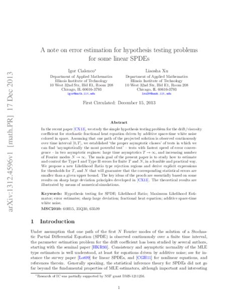 Pdf Error Estimation In Hypothesis Testing For Linear Spdes