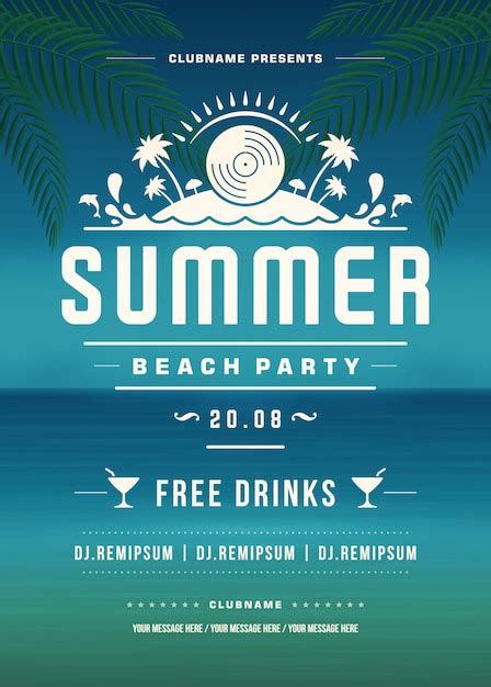 여름 휴가 해변 파티 포스터 또는 전단지 템플릿 디자인 프리미엄 벡터