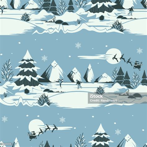 파란색 배경에 겨울 풍경과 벡터 패턴을 반복합니다 크리스마스 매직 벽지 디자인 장식 아이스 스케이팅 패션 직물 눈 냉동상태의 물에 대한 스톡 벡터 아트 및 기타 이미지
