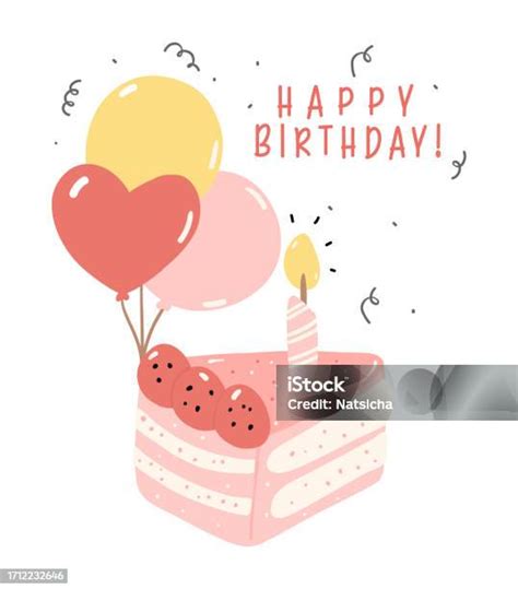 귀여운 생일 케이크 슬라이스 축제 인사말 카드입니다 즐거운 행사와 쾌활한 축하 행사에 적합합니다 귀여운에 대한 스톡 벡터 아트 및 기타 이미지 Istock