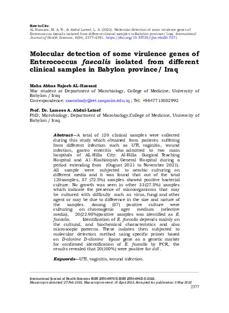Pdf Molecular Detection Of Some Virulence Genes Of Enterococcus Faecalis Isolated From