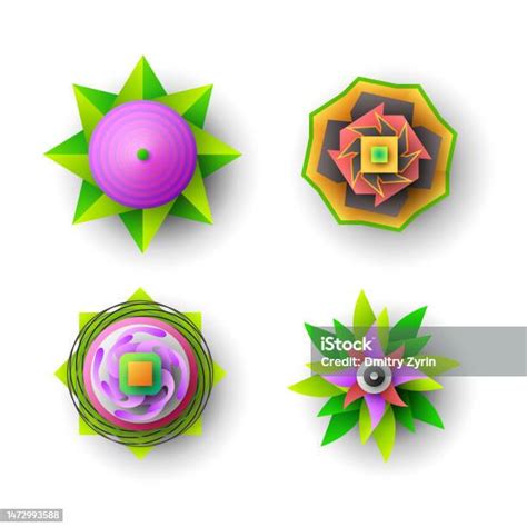 세트 추상 컬렉션 3d 색상 꽃 종이 컷 배경 벡터 현대 디자인 스타일 그림자 0명에 대한 스톡 벡터 아트 및 기타 이미지 0명 귀여운 꽃 나무 Istock