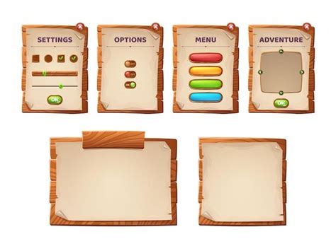 Free Vector Game Ui Scrolls Wooden Boards And Antique Parchments Cartoon Menu Interface Wood