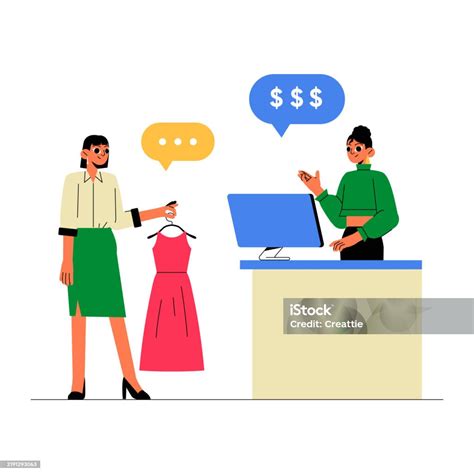 카운터에서 계산원과 이야기하는 드레스를 들고 있는 여성 쇼핑객 고객 서비스 그리고 소매를 상징하는 플랫 벡터 일러스트 레이 션 흰색 배경에 고립되어 있습니다 계산대에 대한