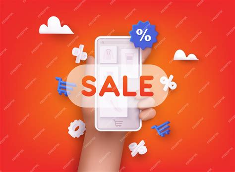 Premium Vector Hand Holding Smartphone With Sale Sign Online Shopping Concept 3d Web Vector