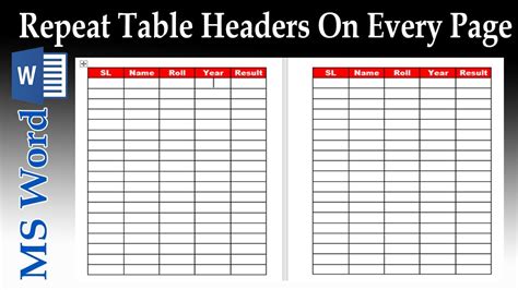 Repeat Heading Row Of Table On Each Page Ms Word 2019 2016