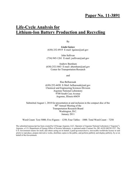 Pdf Paper No 11 3891 Life Cycle Analysis For Lithium Ion Battery