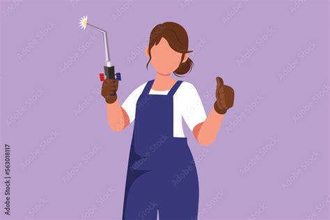 Cartoon Flat Style Drawing Female Welder Holding Welding Tool With Thumb Up Gesture Working In