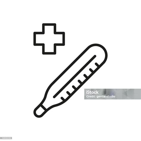 온도계 선 아이콘입니다 온도 조절 픽토그램을 위한 의료 도구 진단 질병 개요 아이콘에 대 한 온도계입니다 건강 관리 기기 편집 가능한 획 고립된 벡터 그림 감기와 독감에