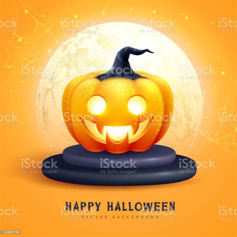 보름달과 현실적인 3d 할로윈 호박 할로윈 휴가 배경 벡터 일러스트 레이 션 10월에 대한 스톡 벡터 아트 및 기타 이미지 10월 3차원 형태 강단 Istock