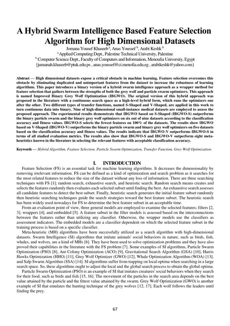 Pdf A Hybrid Swarm Intelligence Based Feature Selection Algorithm For