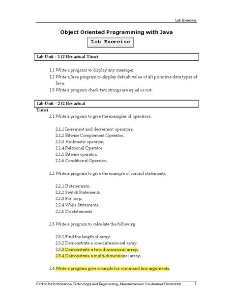 Th Semester LAB JAVA Lab Exercises Lab Exercise Object Oriented Programming With Java Java