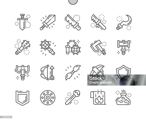 판타지 무기 잘 만들어진 픽셀 완벽한 벡터 얇은 라인 아이콘 30 웹 그래픽 및 응용 프로그램을위한 그리드 2x 간단한 최소한의