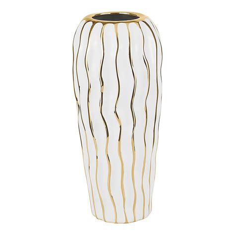 Elegant White Porcelain Vase With Gold Wavy Design By Kinor Decor Size