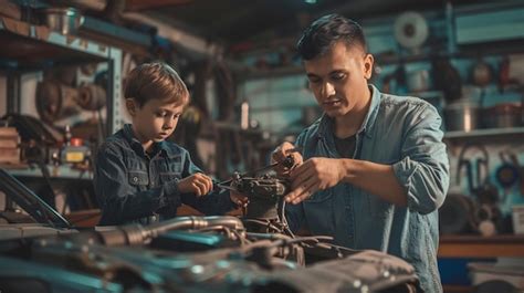A Father And Son Working On An Engine Premium Ai Generated Image