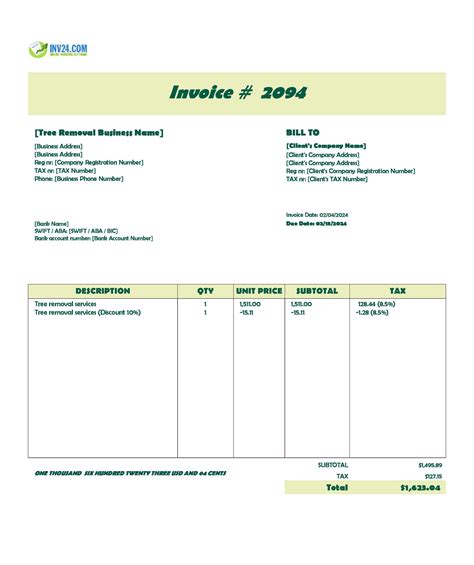 Printable Tree Removal Tree Service Invoice Template
