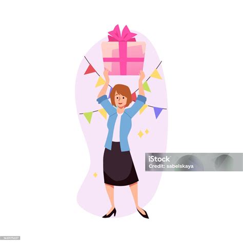 머리 위에 큰 선물 상자를 들고 있는 여자 흰색 배경에 고립된 평면 벡터 그림 생일 파티와 휴일 축하 개념 선물 주고받는 것