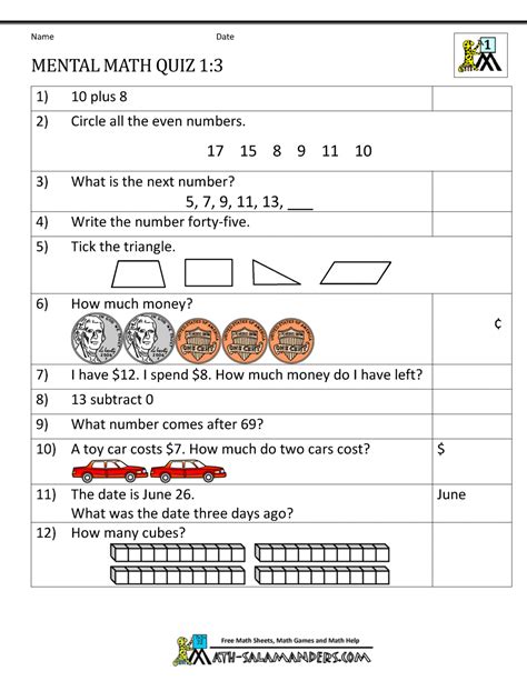 First Grade Mental Math Worksheets