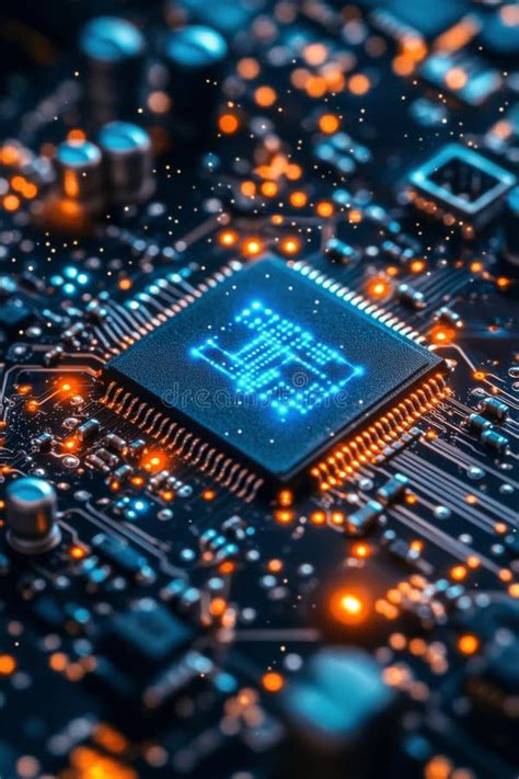 Close Up Of A Modern Microprocessor On A Circuit Board With Glowing Components At Night Stock