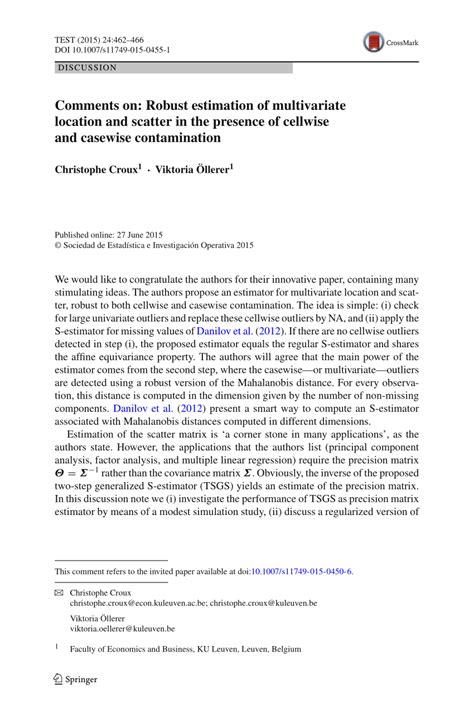 Pdf Comments On Robust Estimation Of Multivariate Location And