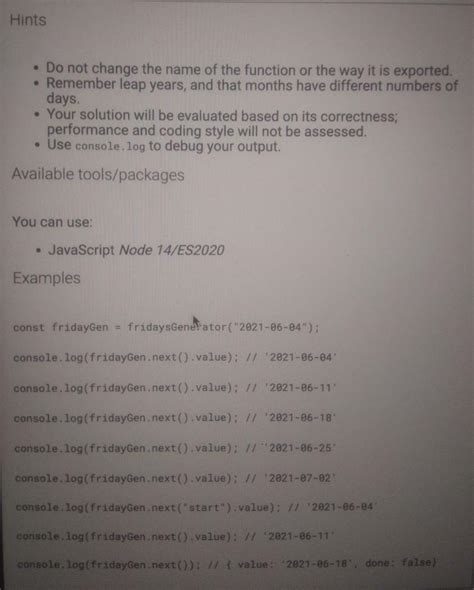 Solved Implement A Generator Of Fridays Using Javascript And