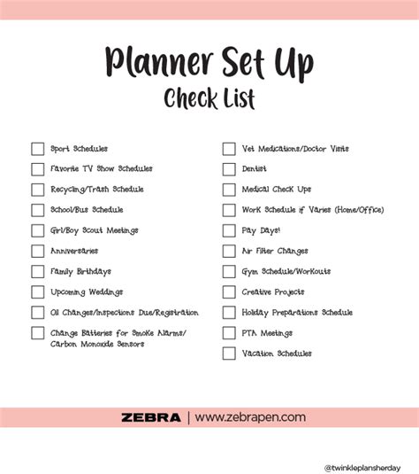 Planner Set Up Check List Zebra Pen