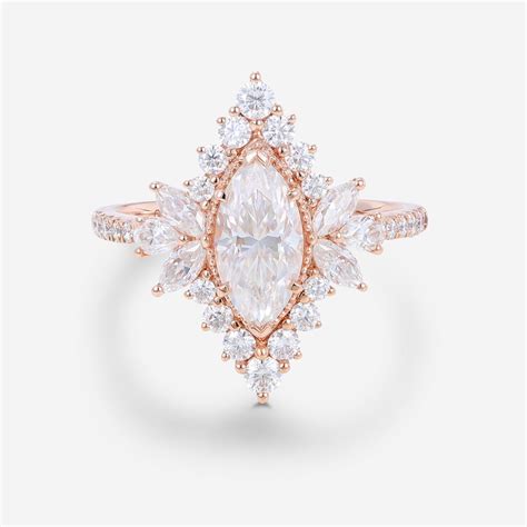 1 Carat Marquise Cut Moissanite Halo Cluster Engagement Ring