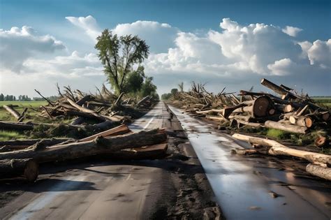 Photo Of Collapsed Tree Blocking Road Premium Ai Generated Image