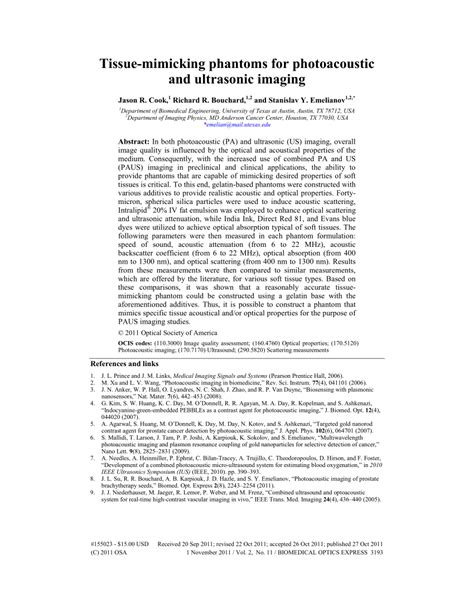 Pdf Tissue Mimicking Phantoms For Photoacoustic And Ultrasonic Imaging