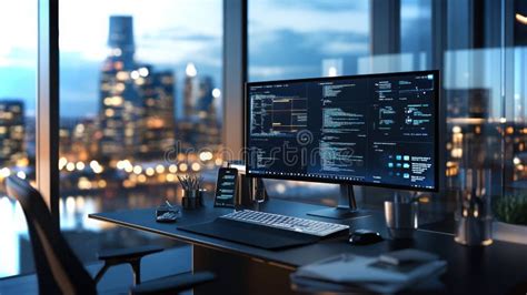 Modern Workspace With Dual Monitor Setup Overlooking A City Skyline At