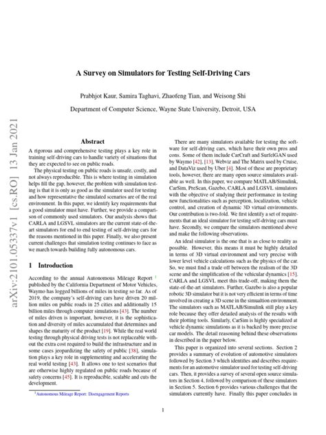 A Survey On Simulators For Testing Self Driving Cars Pdf Simulation