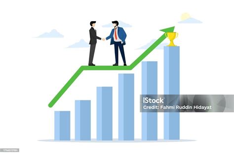 목표 달성을 위한 협업의 개념 수익 및 이익 성장을 위한 파트너십 목표 달성을 위한 팀워크 성공을 위한 동기 부여 성장하는 그래프 화살표에 악수하는 두 사업가 상에 대한