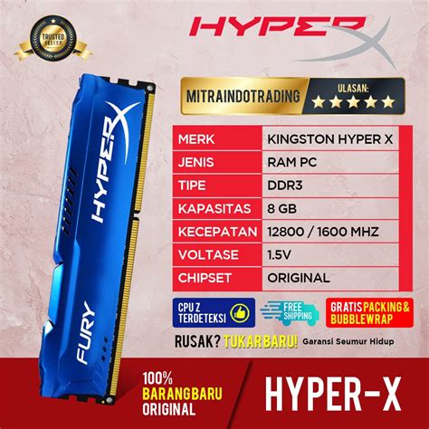 jual ram kingston hyper x fury gaming longdimm ddr3 8gb pc 12800 shopee indonesia