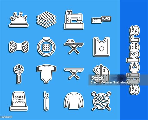 뜨개질 바늘 전기 다리미 바느질 패턴 기계 원형 조절 가능한 자수 후프 실 스풀 바늘 침대 및 다리미판 아이콘이있는 라인 원사 공을 설정합니다 벡터 0명에 대한 스톡 벡터