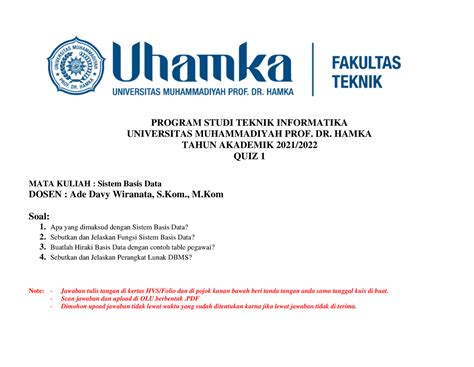 Tugas Quiz I Sistem Basis Data PROGRAM STUDI TEKNIK INFORMATIKA