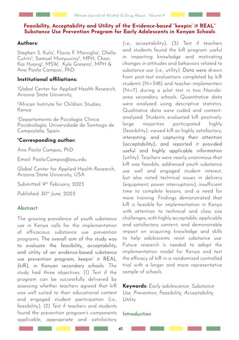 Pdf Feasibility Acceptability And Utility Of The Evidence Based Keepin It Real” Substance