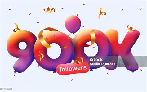 900k 추종자가있는 배너는 3d 빨간색 풍선과 다채로운 색종이를 형성하여 감사합니다 벡터 일러스트 레이 션 3d 숫자 소셜 미디어 900000 추종자 감사 3차원 형태에